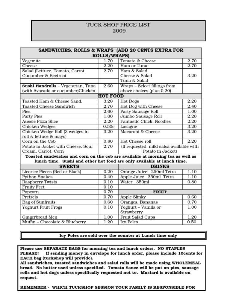 2009 Tuck Shop Menu & Prices | PDF | Salad | Lunch