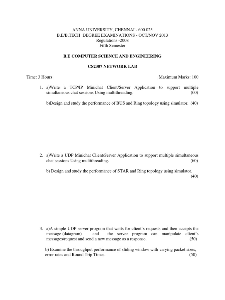 B.E Computer Science and Engineering Cs2307 Network Lab | PDF | Transmission Control Protocol ...