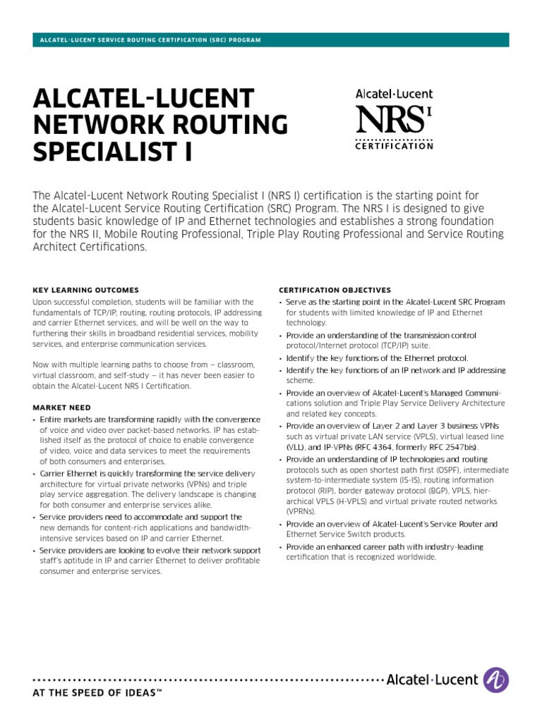 Alcatel-Lucent Network Routing Specialist I: Key Learning Outcomes ...