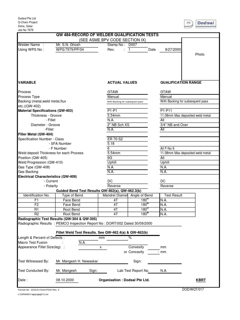 Welder Qualification Record for Q-Chem Project | PDF | Technology ...