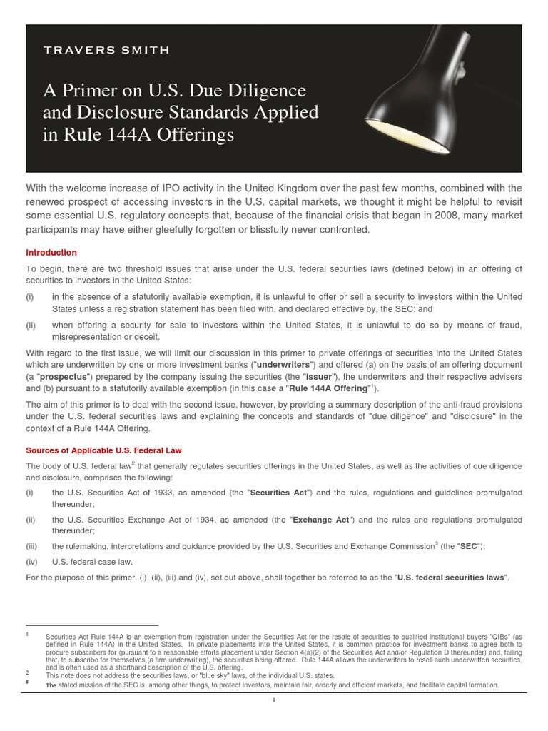 Due Diligence in Rule 144A Offerings | PDF | Securities Act Of 1933 ...