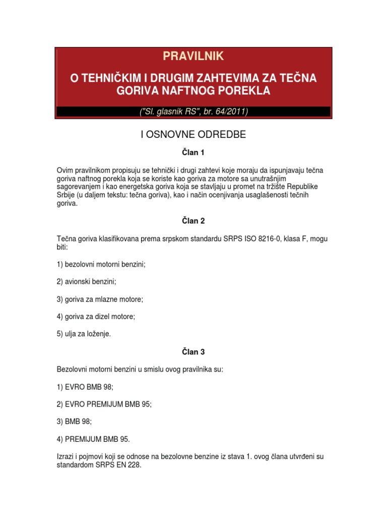 Pravilnik o Tehničkim I Drugim Zahtevima Za Tečna Goriva Naftnog ...