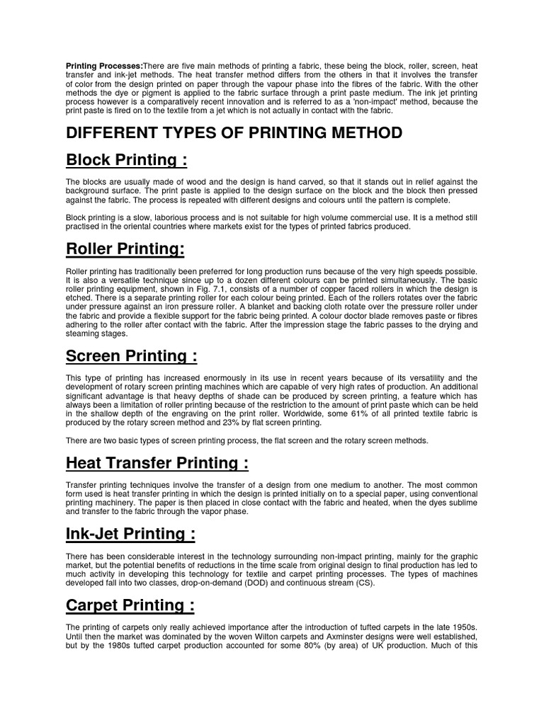 Different Types of Printing Method Block Printing | PDF | Textiles | Dye