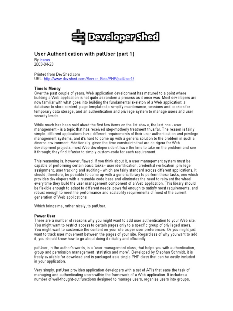 (Developer Shed Network) Server Side - PHP - User Authentication With PatUser (Part 1) | PDF