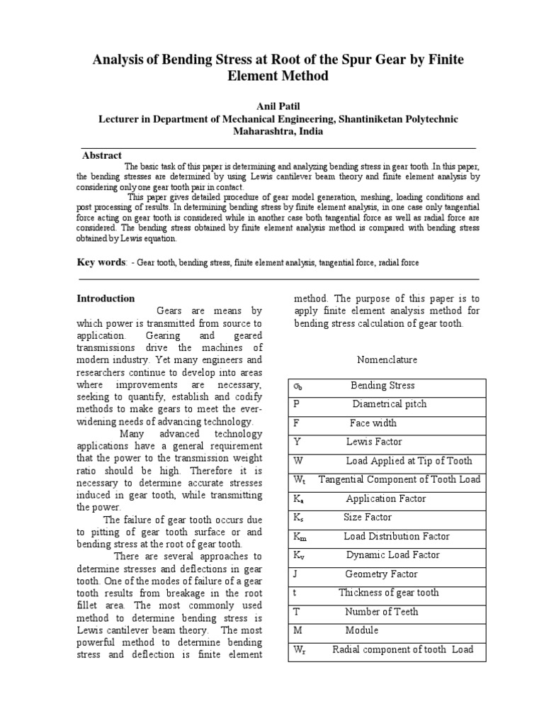 Analysis of Bending Stress at Root of The Spur Gear by Finite Element ...