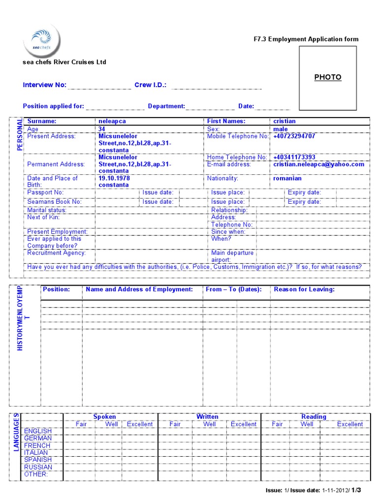 Employment Application Sea Chefs | PDF | Government | Wellness