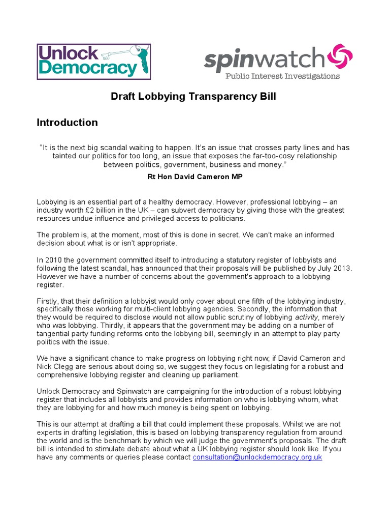 Draft Lobbying Transparency Bill | PDF | Lobbying In The United States ...