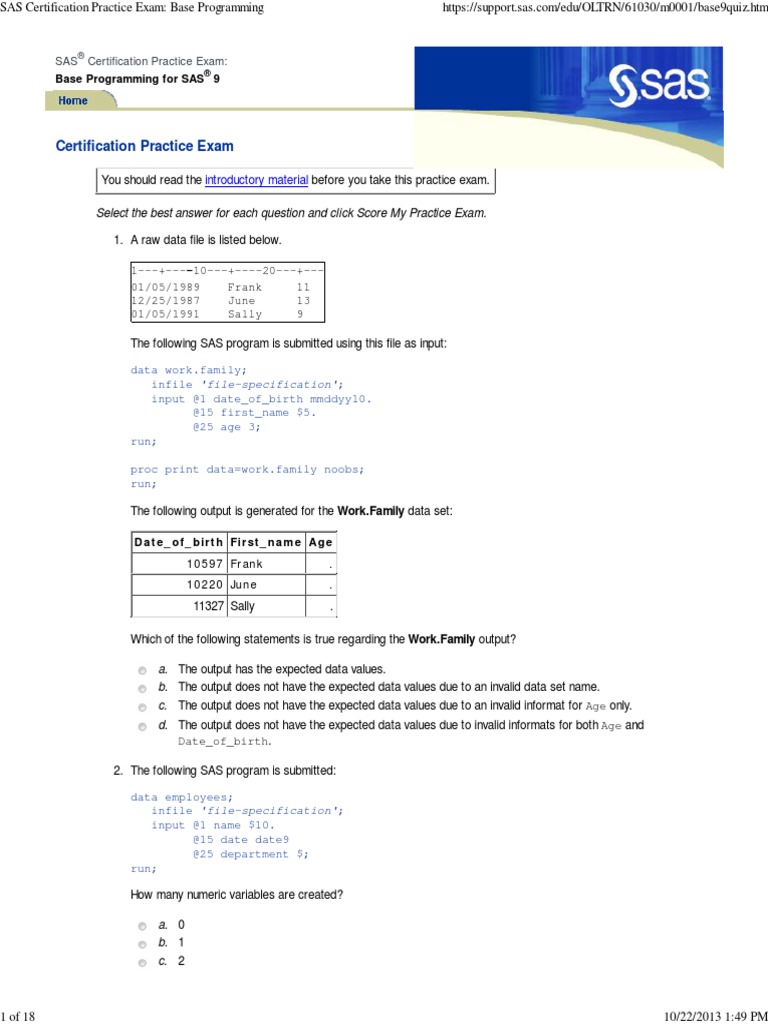 Sas Certification Practice Exam Base Programming Sas Software Variable Computer Science