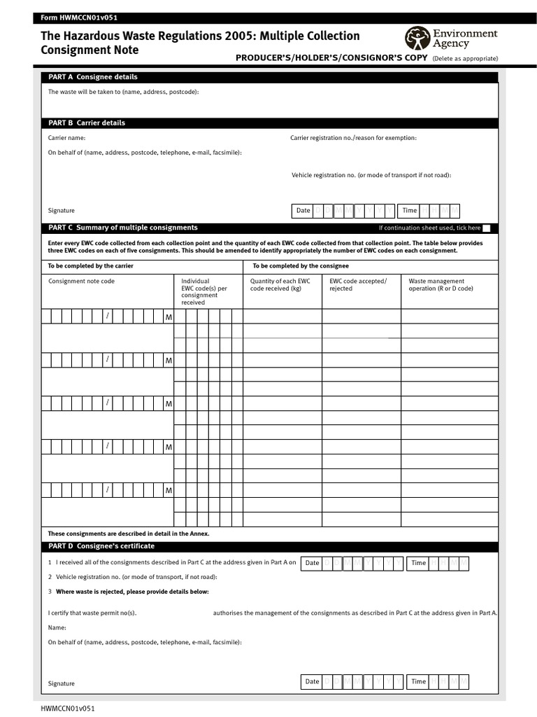 Hazardous Consignment Note Multiple Collections Blank | Transport ...