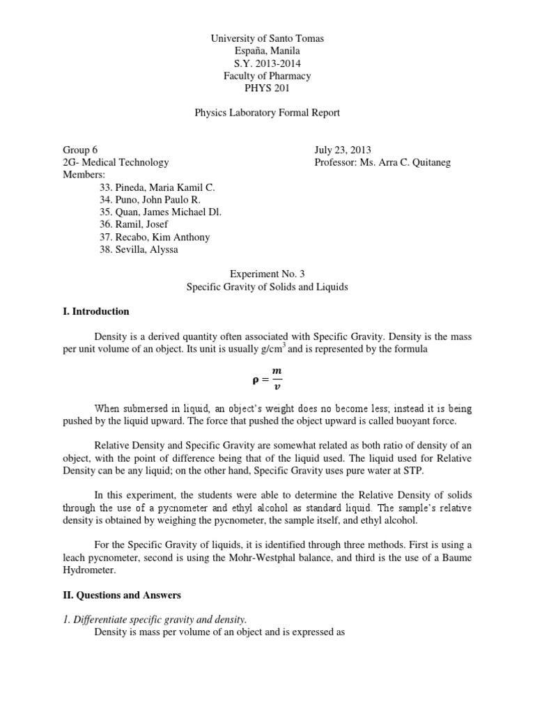 Specific Gravity and Density Lab Report | PDF | Density | Physical Universe