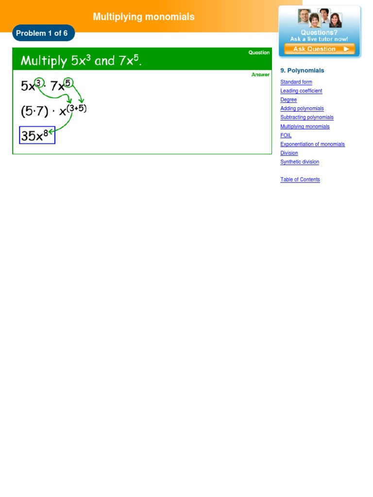 Multiplying Monomials | PDF
