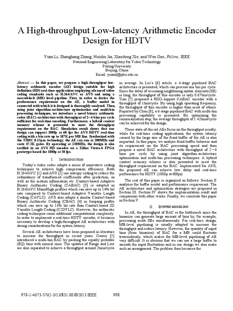 A High-Throughput Low-Latency Arithmetic Encoder Design For HDTV | PDF ...