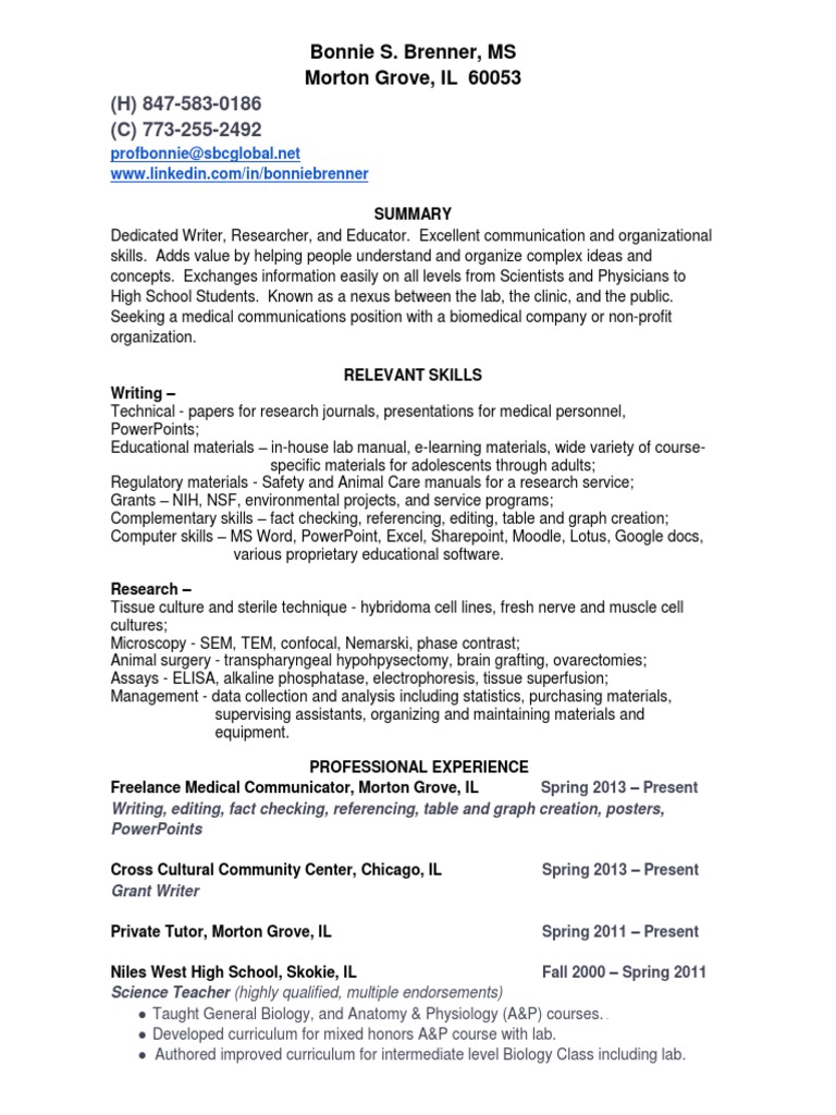 Medical Scientific Technical Writer in Chicago IL Resume Bonnie Brenner ...