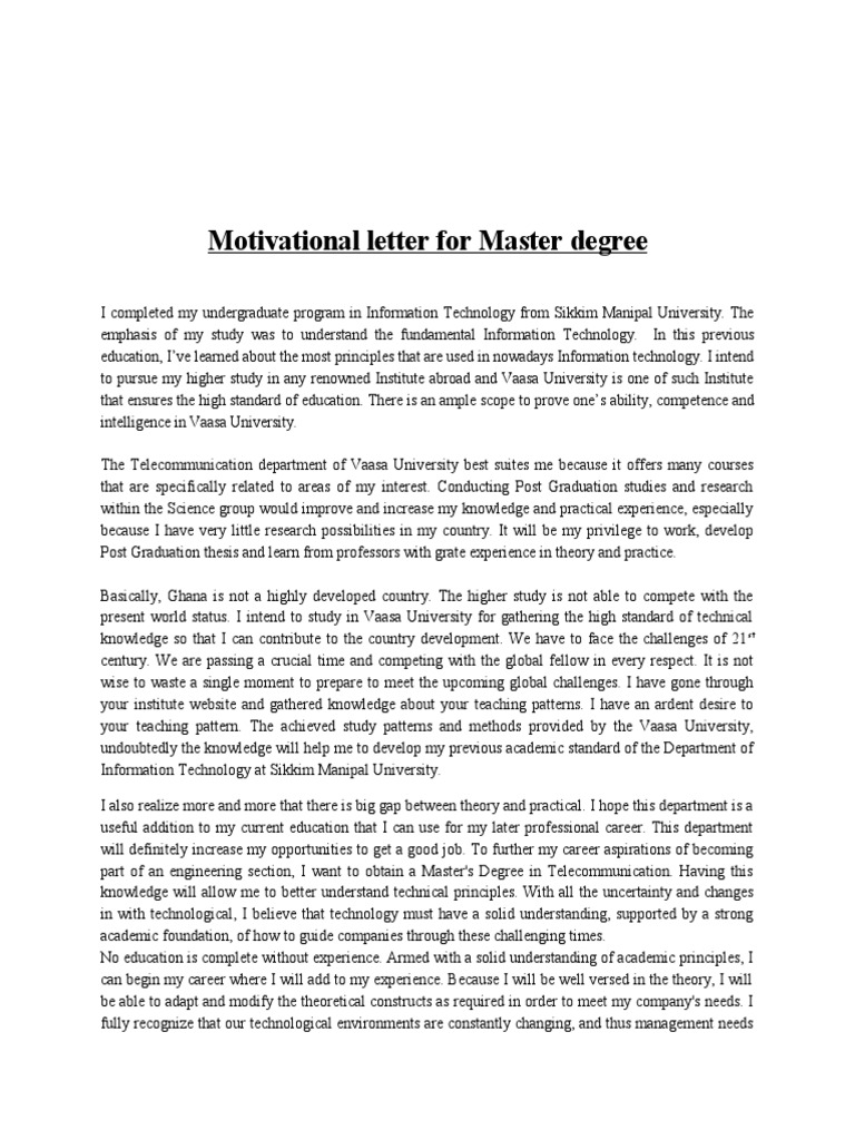 Master's Motivation Letter for Vaasa University | PDF | Academic Degree ...