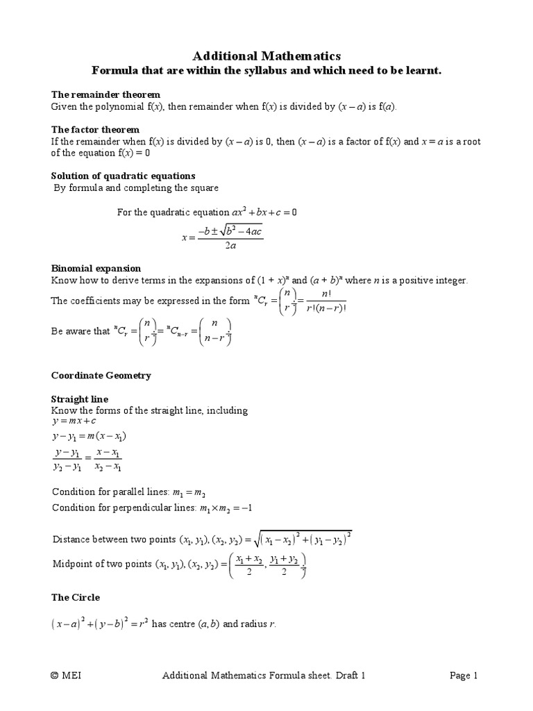 IGCSE ADDITIONAL MATHEMATICS FORMULA SHEET