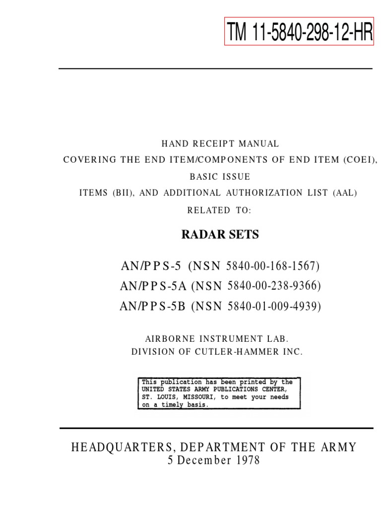 TM 11-5840-298-12-HR: An/Pps-5 (NSN An/Pps-5A (NSN An/Pps-5B (NSN 5840-00-168-1567) 5840-00-238 ...