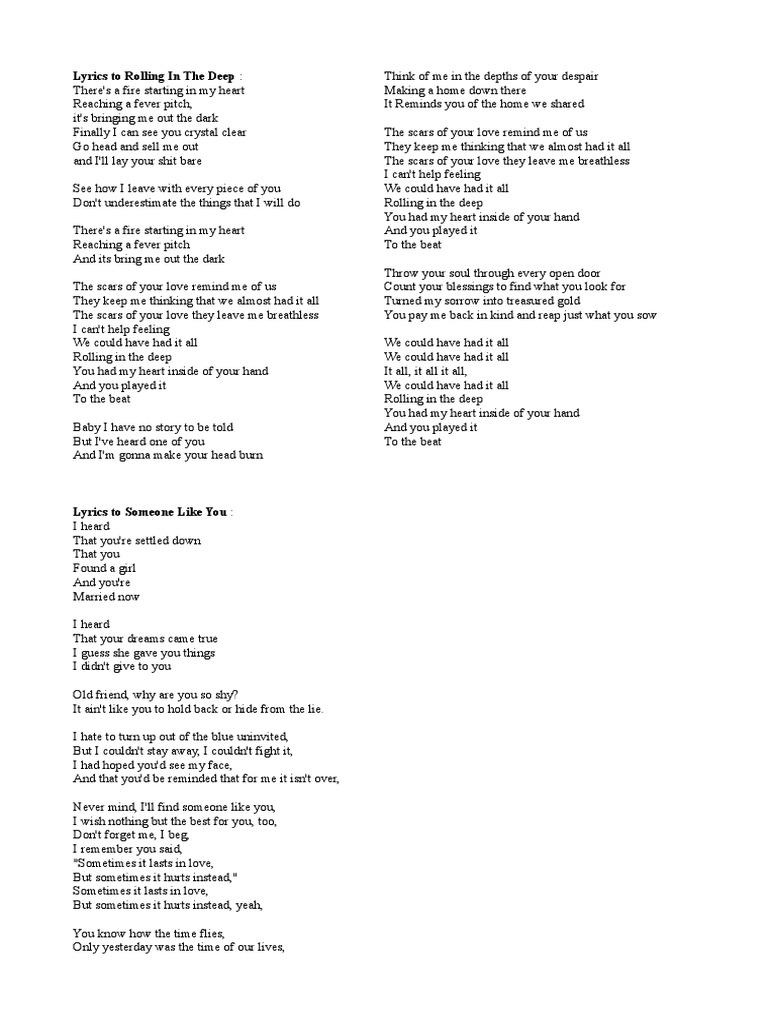 Lyrics To Rolling in The Deep | Download Free PDF | Adele | Songs Written