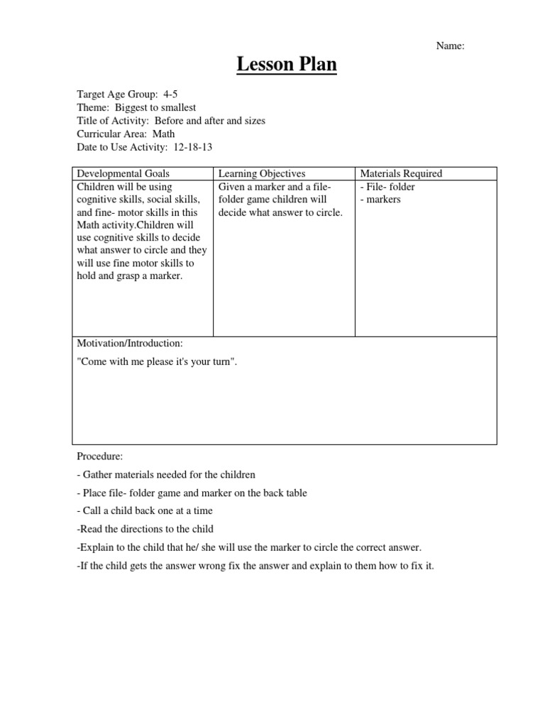 Math Lesson Plan: Sizes Activity for Kids | PDF