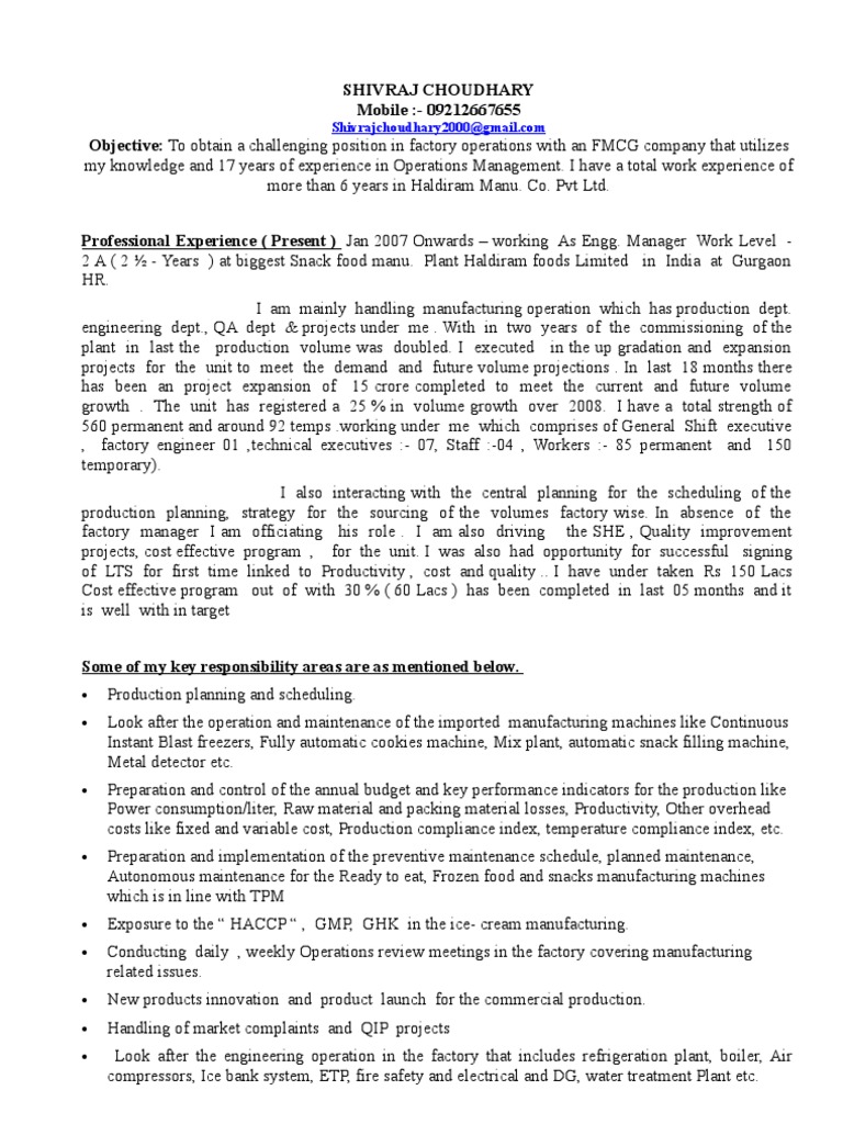 Operations Manager Resume for FMCG | PDF | Refrigerator | Energy And ...