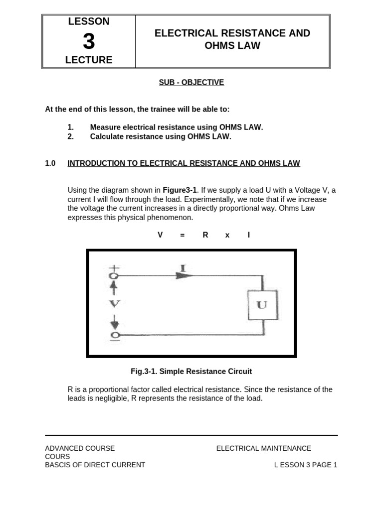 Lesson Electrical Resistance and Ohms LAW | PDF | Electrical Resistance ...