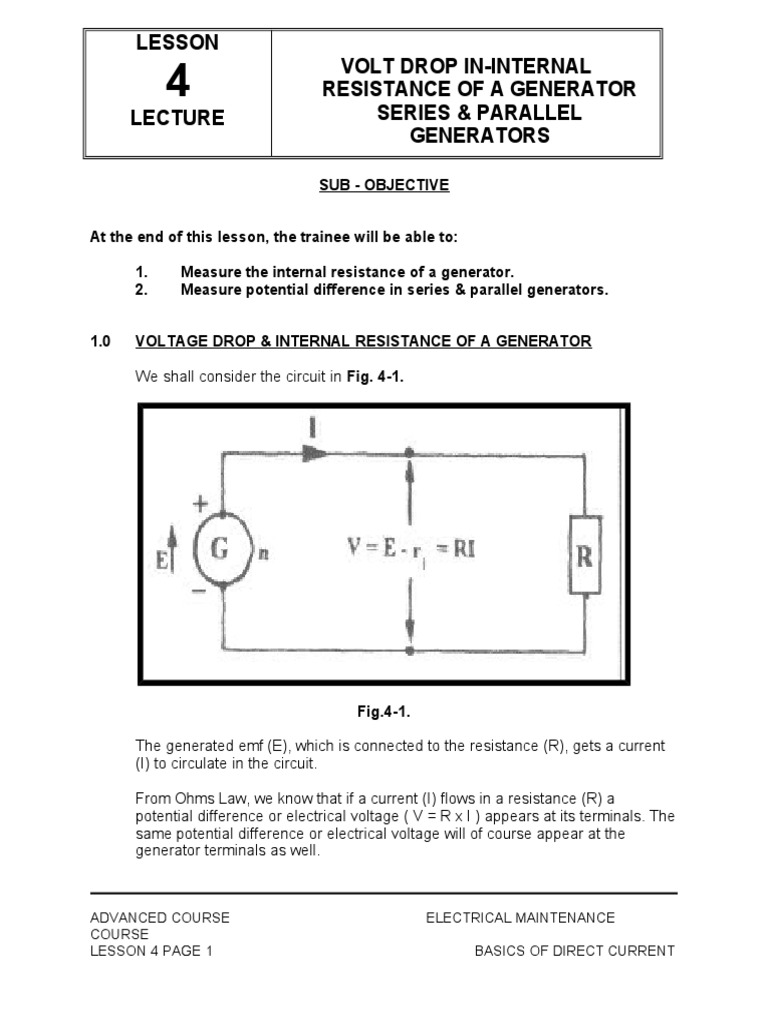 Lesson Volt Drop In-Internal Resistance of A Generator Series ...