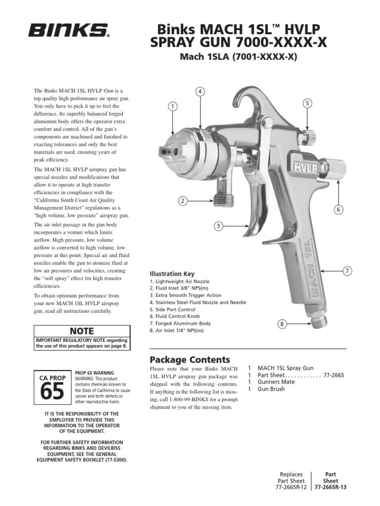 Binks Mach 1Sl HVLP Spray Gun 7000-Xxxx-X | PDF | Nozzle | Valve