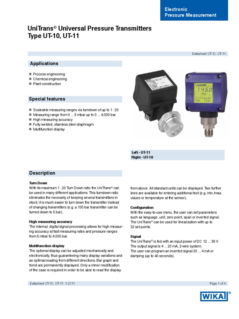 Unitrans Universal Pressure Transmitters Type Ut-10, Ut-11 ...