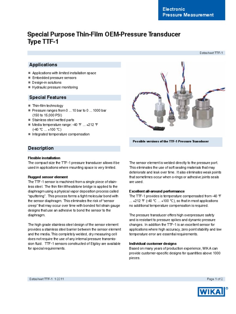 Special Purpose Thin-Film OEM-Pressure Transducer Type TTF-1 | PDF ...