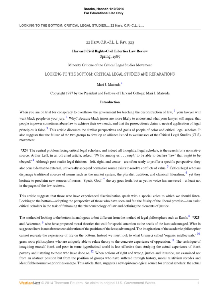 Looking To The Bottom Critical Legal Studies and Reparations, Mari ...