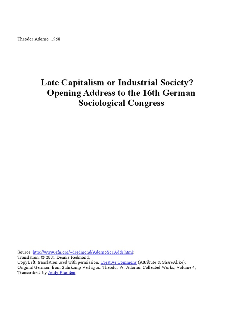 Late Capitalism or Industrial Society | PDF