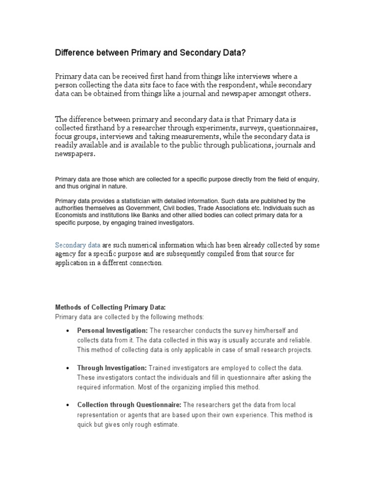 Difference Between Primary And Secondary Data Download Free Pdf
