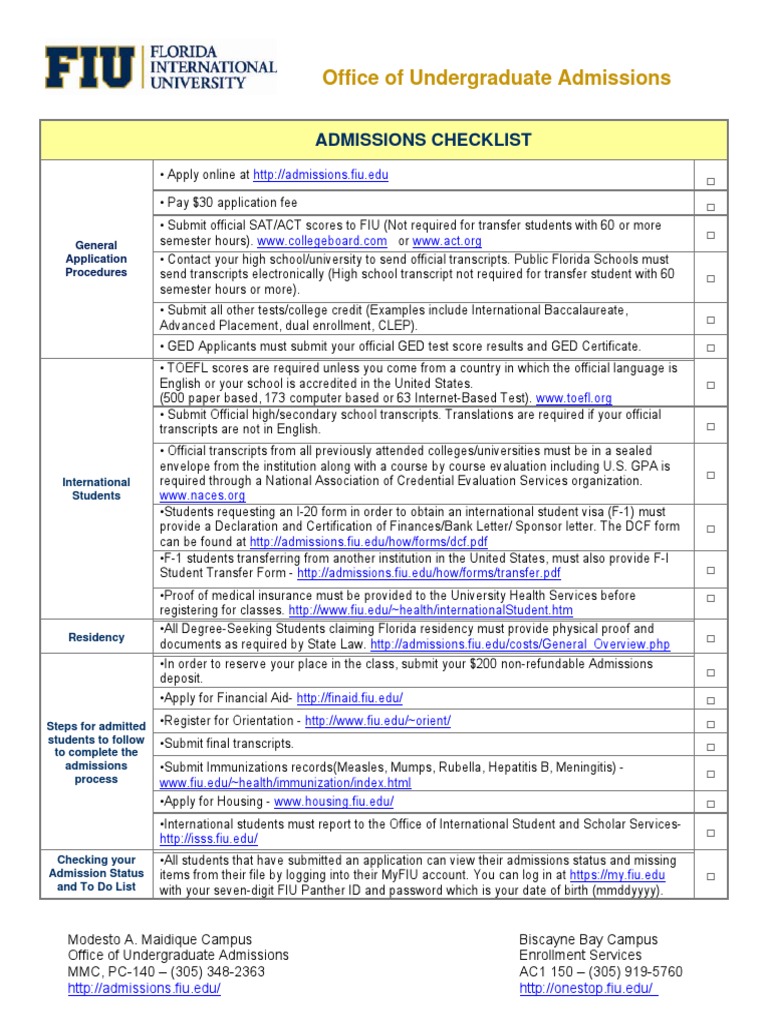 Fiu Checklist Admissions | PDF