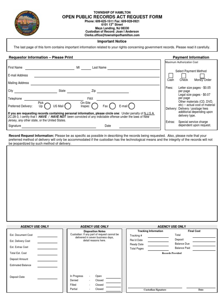 Hamilton Township OPRA Request Form | PDF | Discovery (Law) | Computer ...