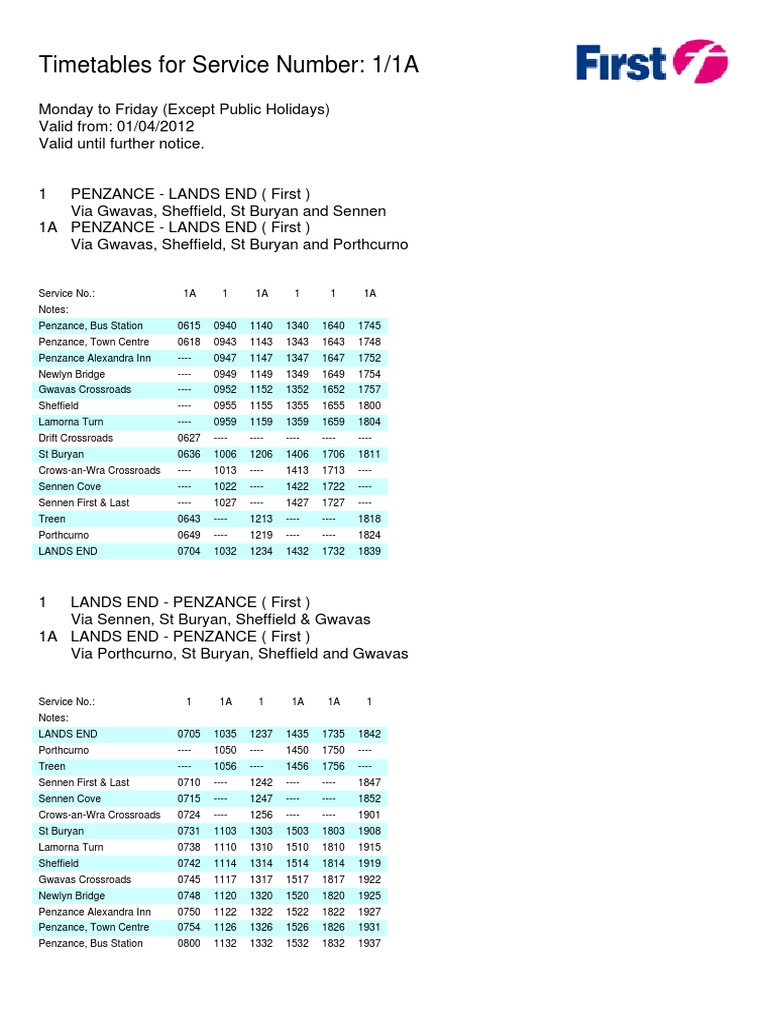 Penzance-Lands End Bus Timetable | PDF