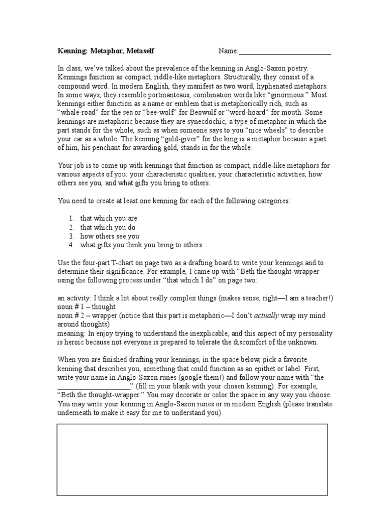 Creating Personal Kennings Activity | PDF | Noun | Grammar