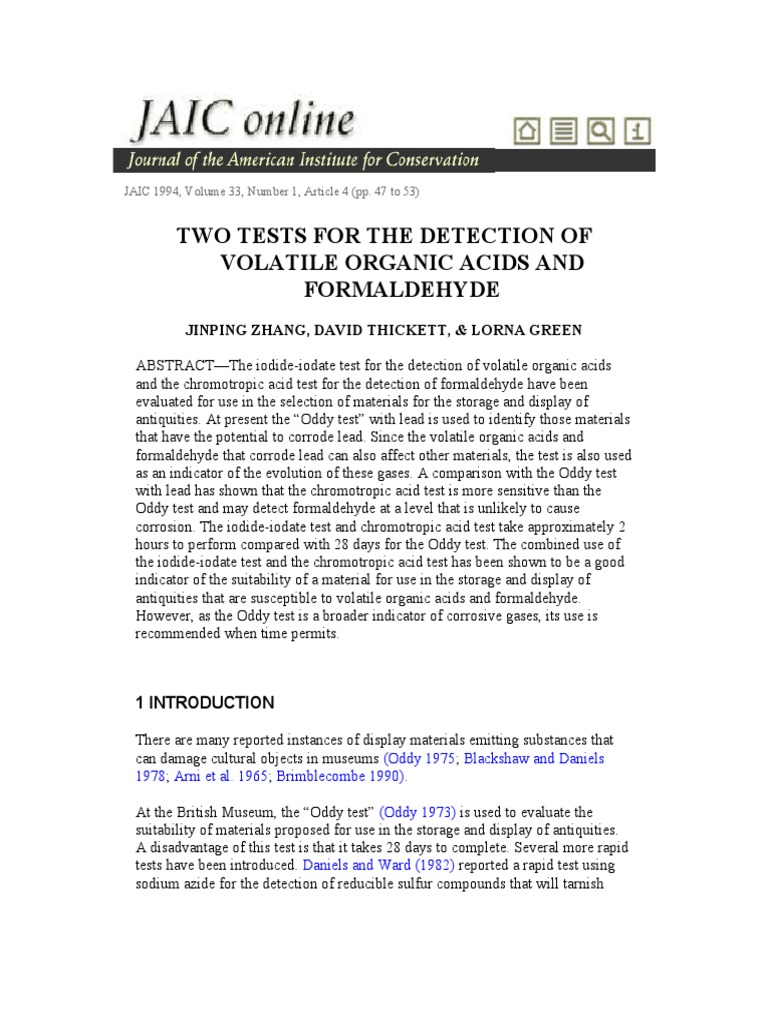 Two Tests For The Detection of Volatile Organic Acids and Formaldehyde ...