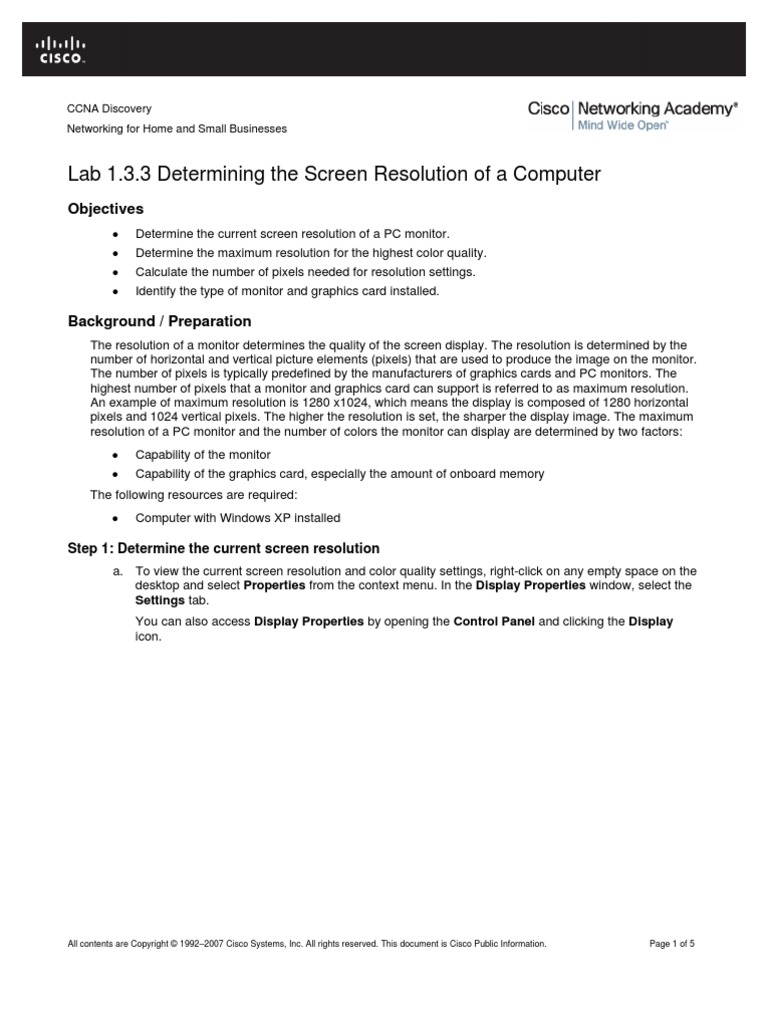 Lab 1.3.3 Determining The Screen Resolution of A Computer: Objectives | PDF | Display Resolution ...