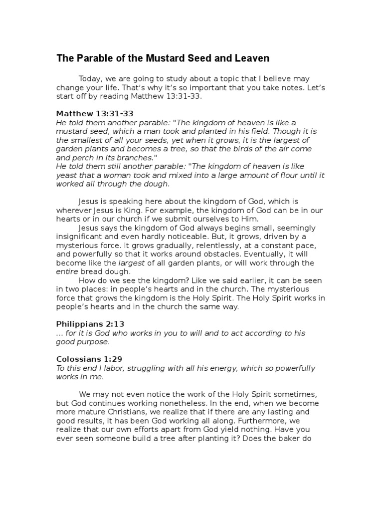 Parable of The Mustard Seed and Leaven (Sermon) | PDF | Church Planting ...