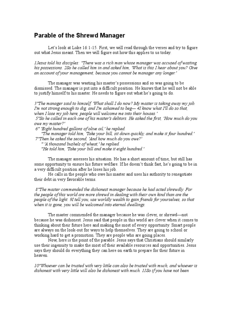 Parable of The Shrewd Manager (Sermon) | PDF | Jesus | God