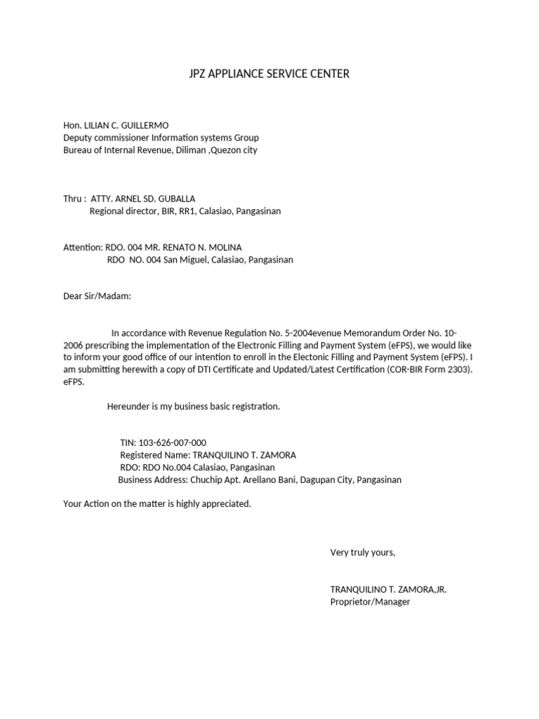 Letter of EFPS for BIR