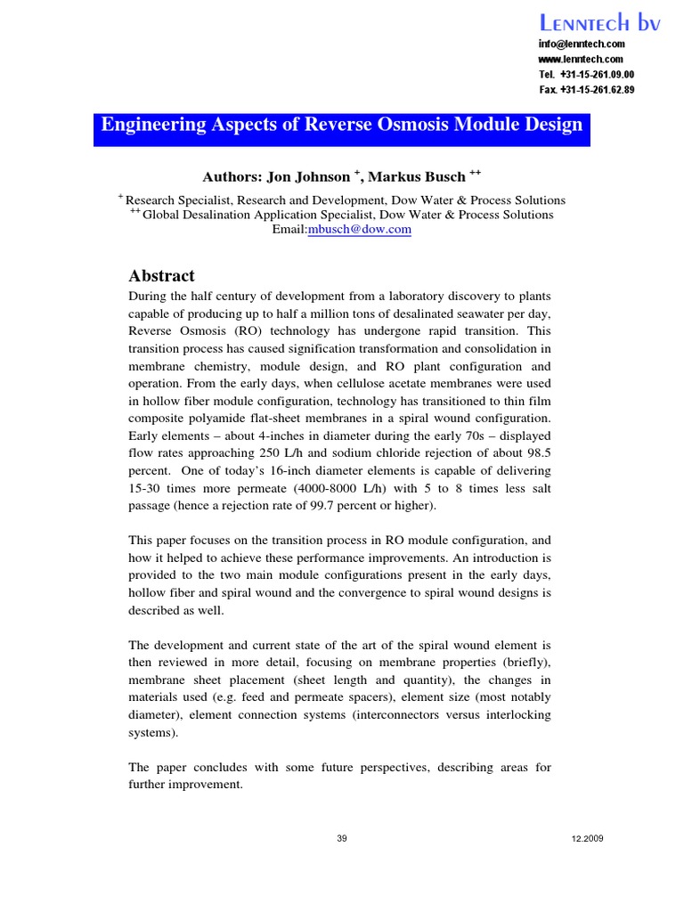 Engineering Aspects of Reverse Osmosis Module Design L | PDF | Membrane ...