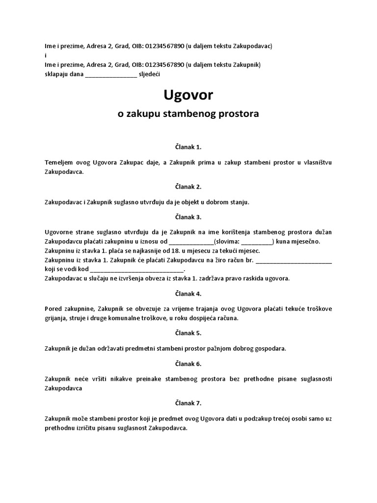 Ugovor o Zakupu Stambenog Prostora - Primjer | PDF