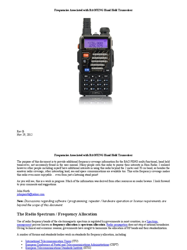 Baofeng Handheld Radio Frequencies Guide | PDF | Radio Spectrum ...