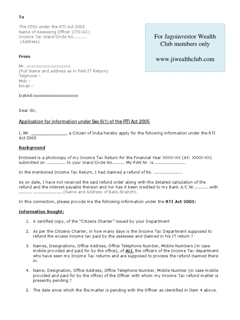 RTI Application Template For Income Tax Refund | PDF | Tax Refund | Taxes