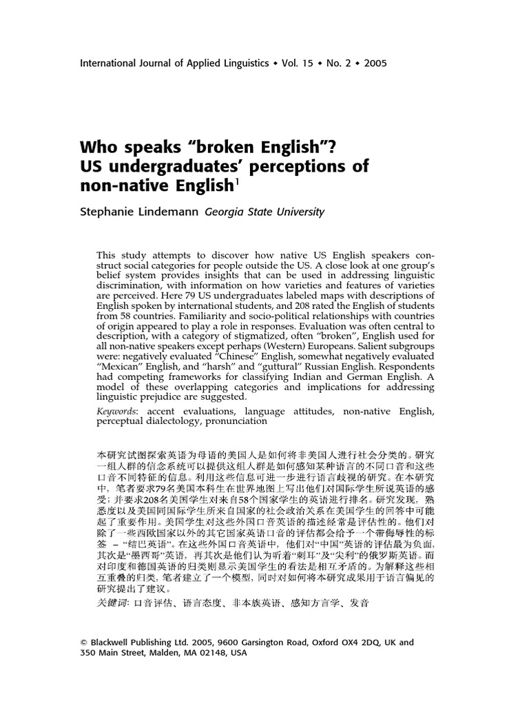 Who Speaks Broken English US Undergraduates' Perceptions of Non-Native ...