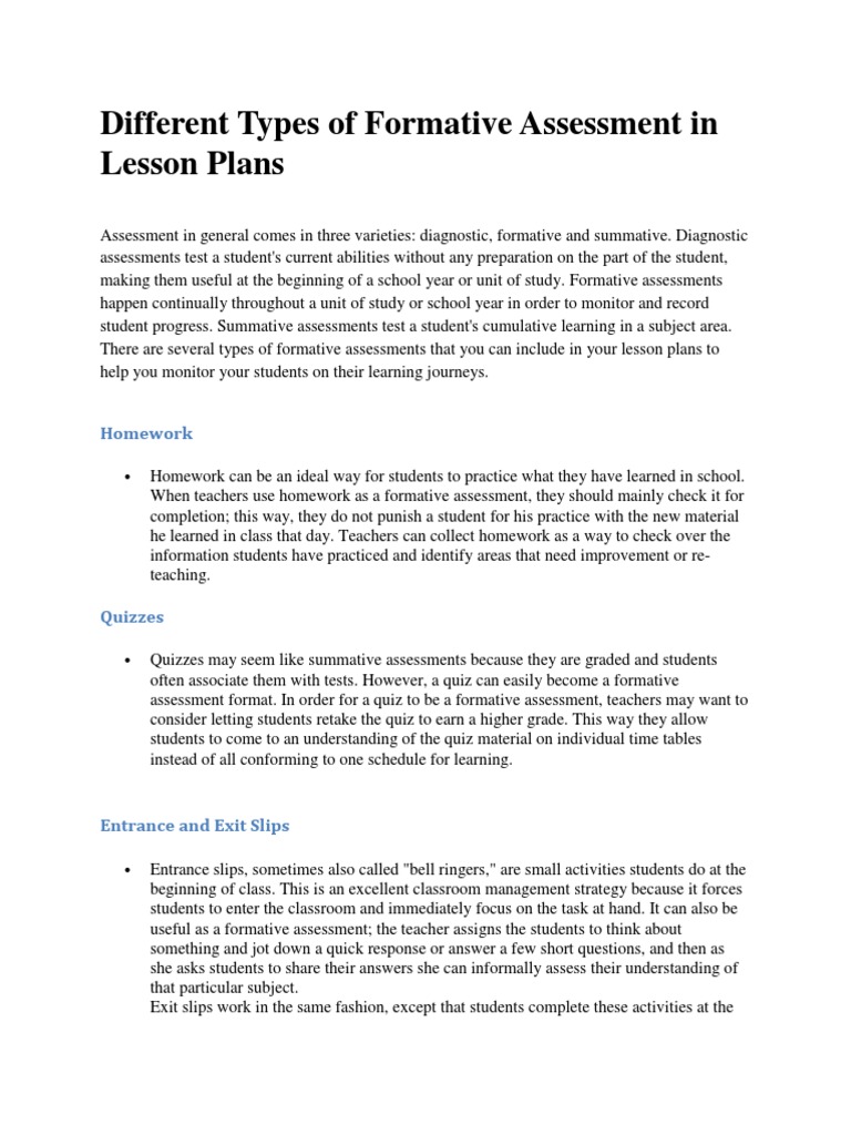 Different Types of Formative Assessment in Lesson Plans | PDF ...