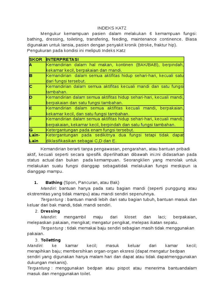 Indeks Katz untuk Lansia dan Pasien Kronis | PDF | Kesehatan Holistik ...