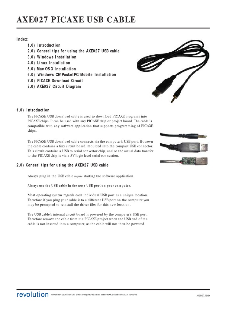 Axe027 Picaxe Usb Cable: Revolution | PDF | Device Driver | Installation (Computer Programs)