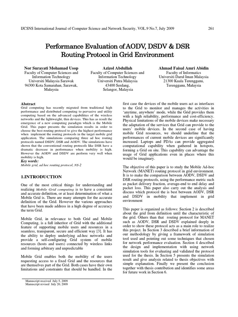Performance Evaluation of AODV, DSDV & DSR Routing Protocol in Grid Environment | PDF | Routing ...