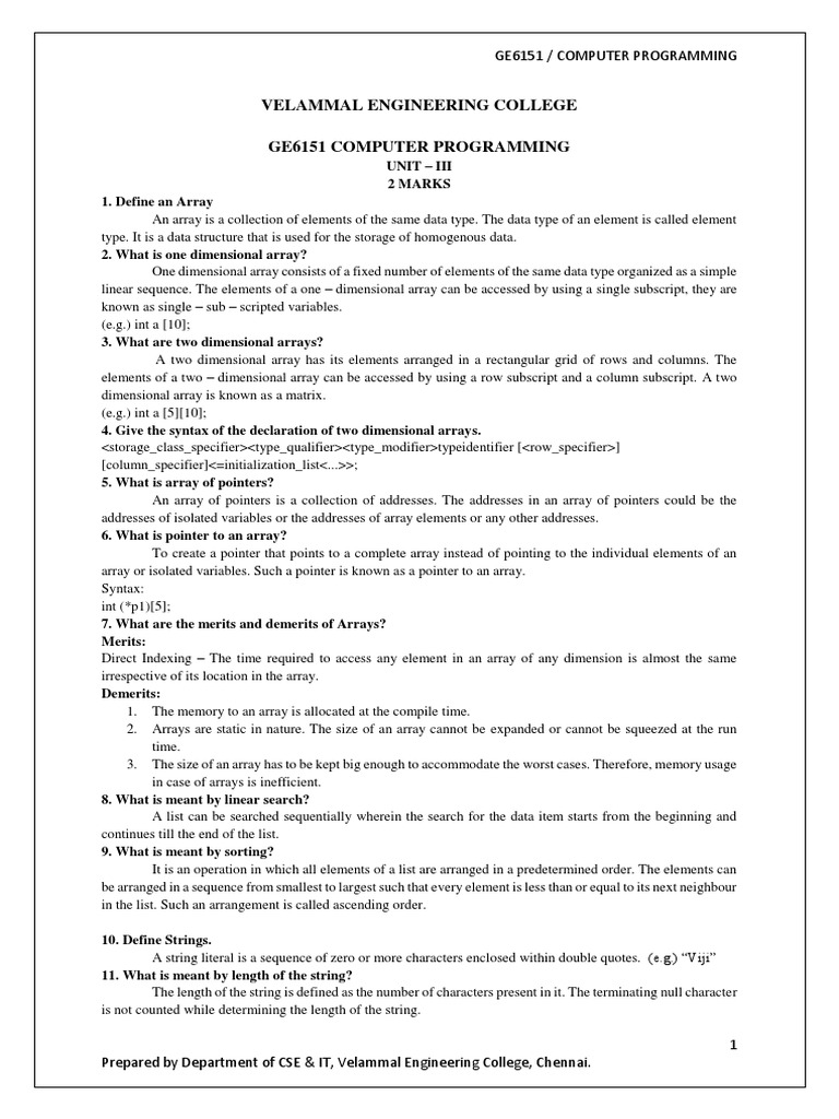 CP Unit Iii QB | PDF | Array Data Structure | Pointer (Computer ...